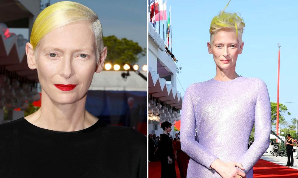 Tilda Swinton look pixie cut giallo per Venezia 79, foto!